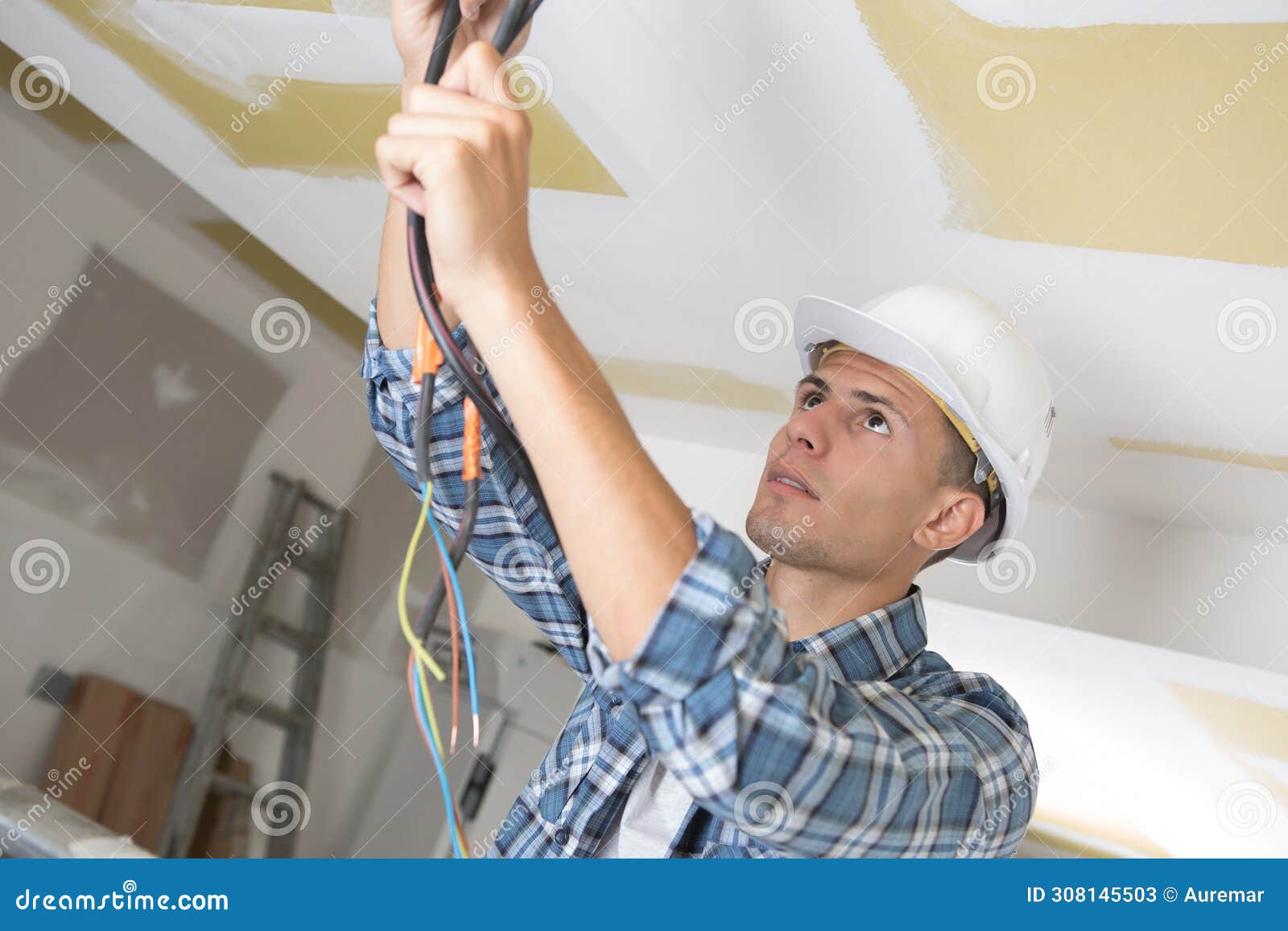 Worker Making Mounting for Electric Cable in Ceiling Stock Image ...