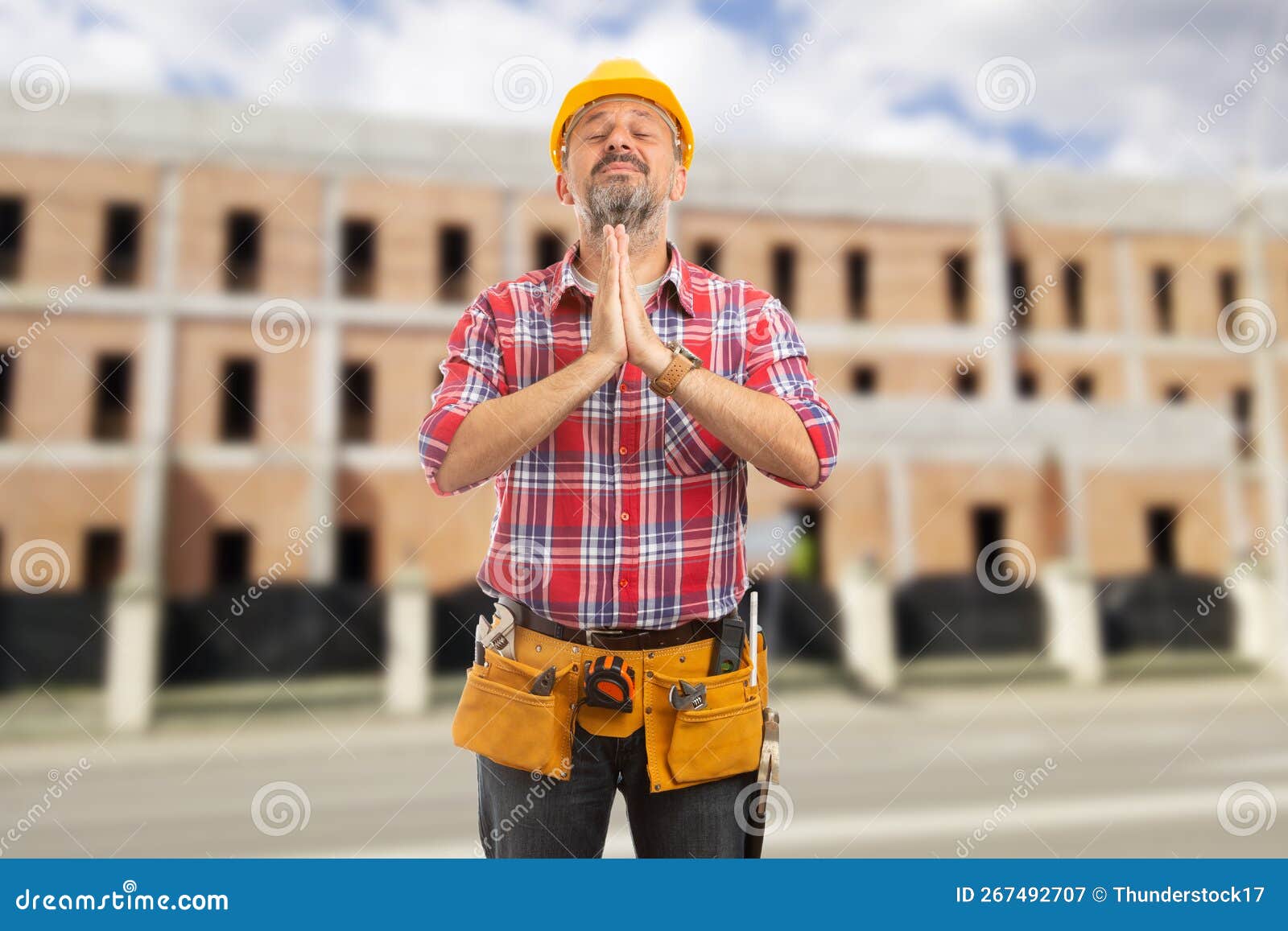 Worker Making Praying Gesture with Hands Stock Image - Image of hair ...