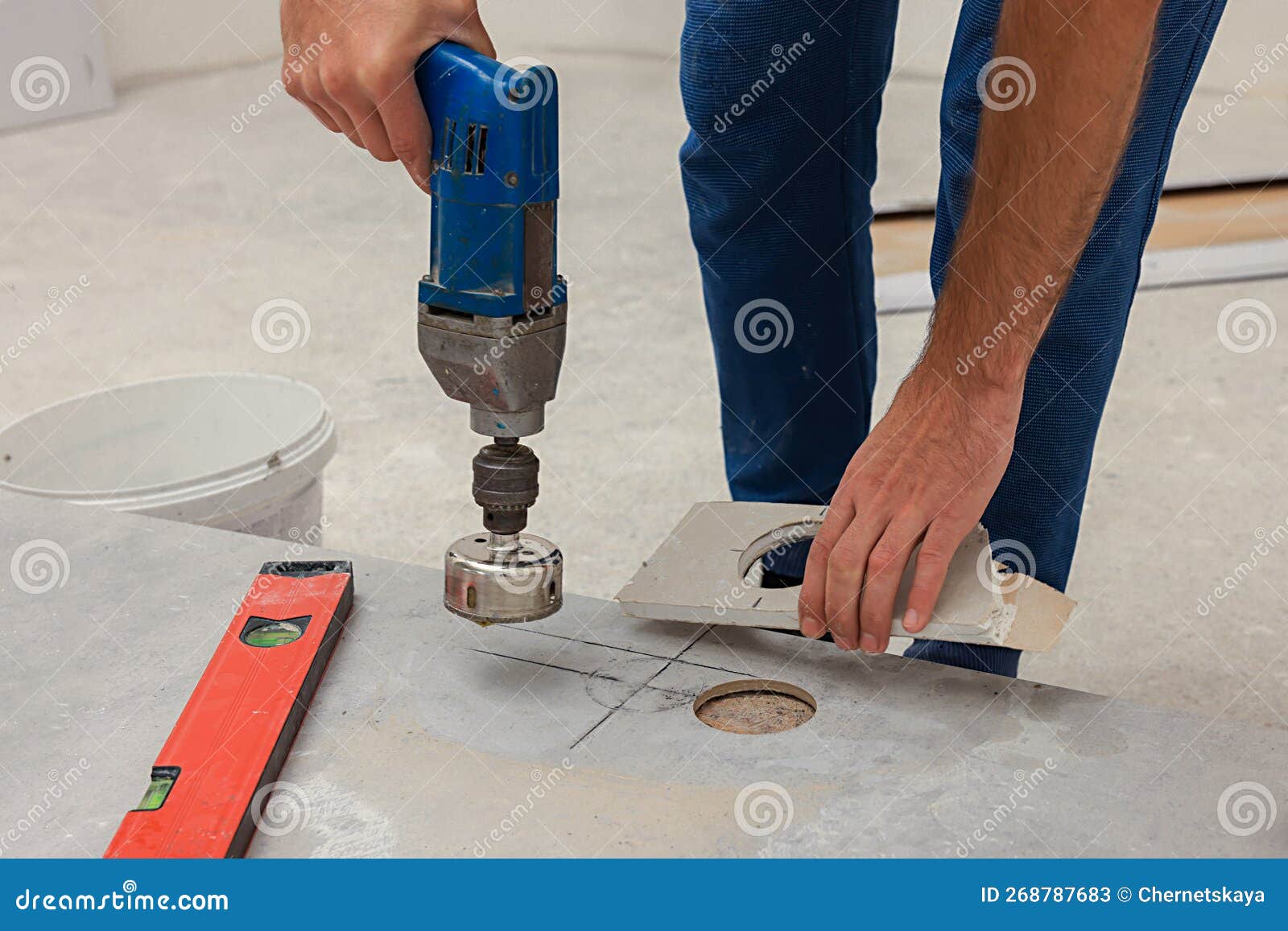 Worker Making Socket Hole in Tile Indoors, Closeup Stock Image - Image ...