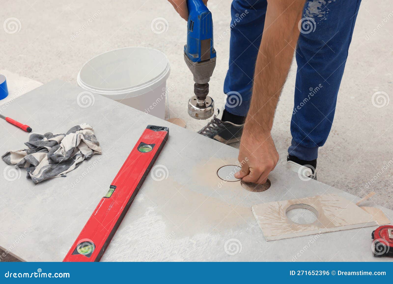 Worker Making Socket Hole in Tile Indoors, Closeup Stock Photo - Image ...