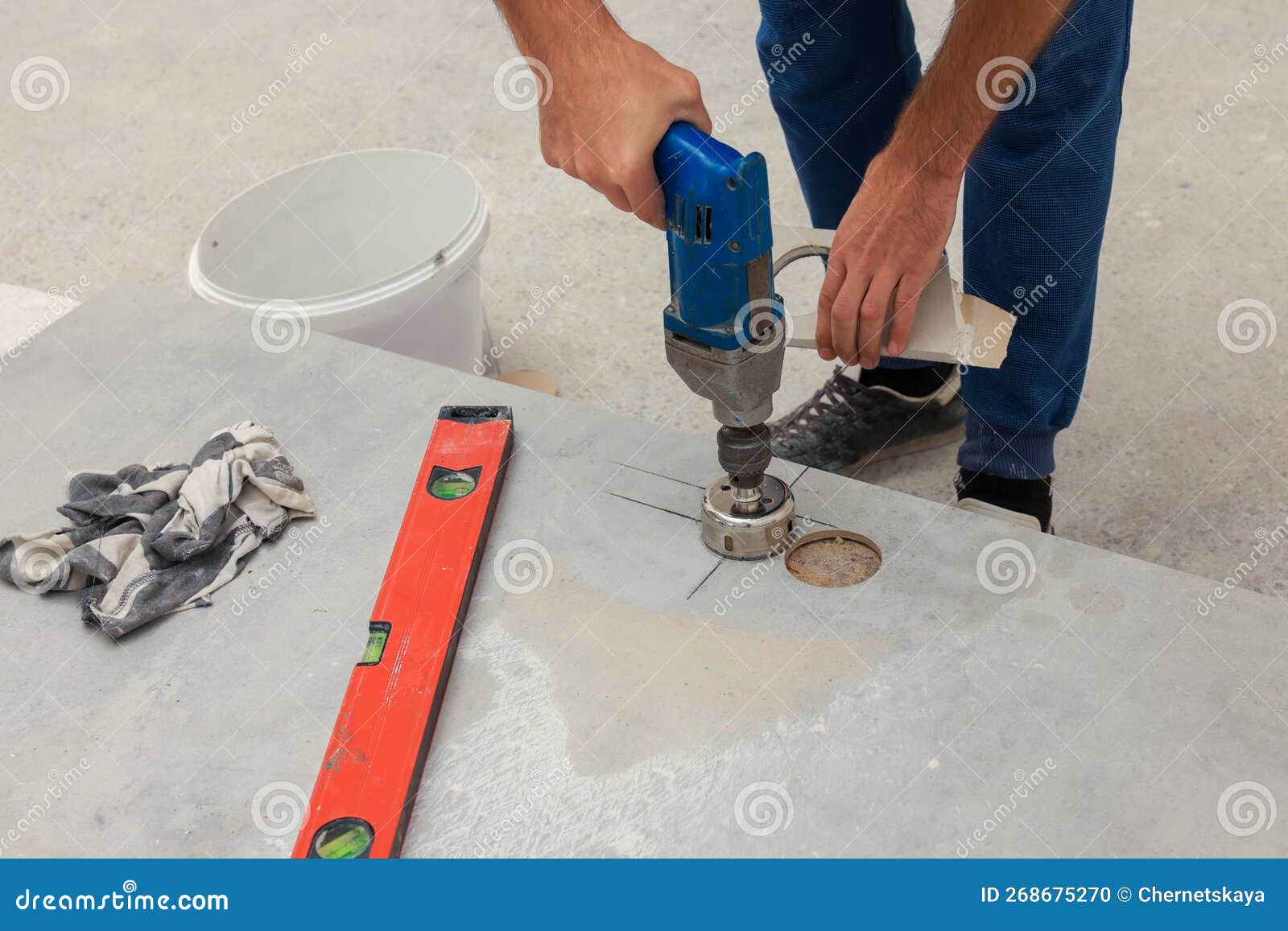 Worker Making Socket Hole in Tile Indoors, Closeup Stock Photo - Image ...
