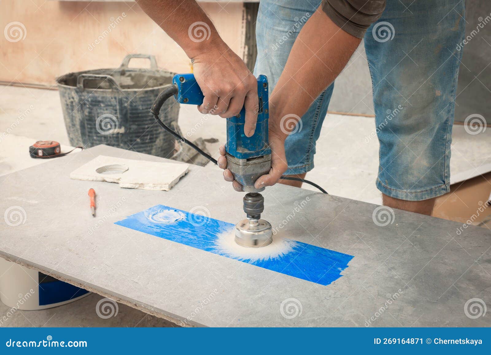 Worker Making Socket Hole in Tile Indoors, Closeup Stock Image - Image ...
