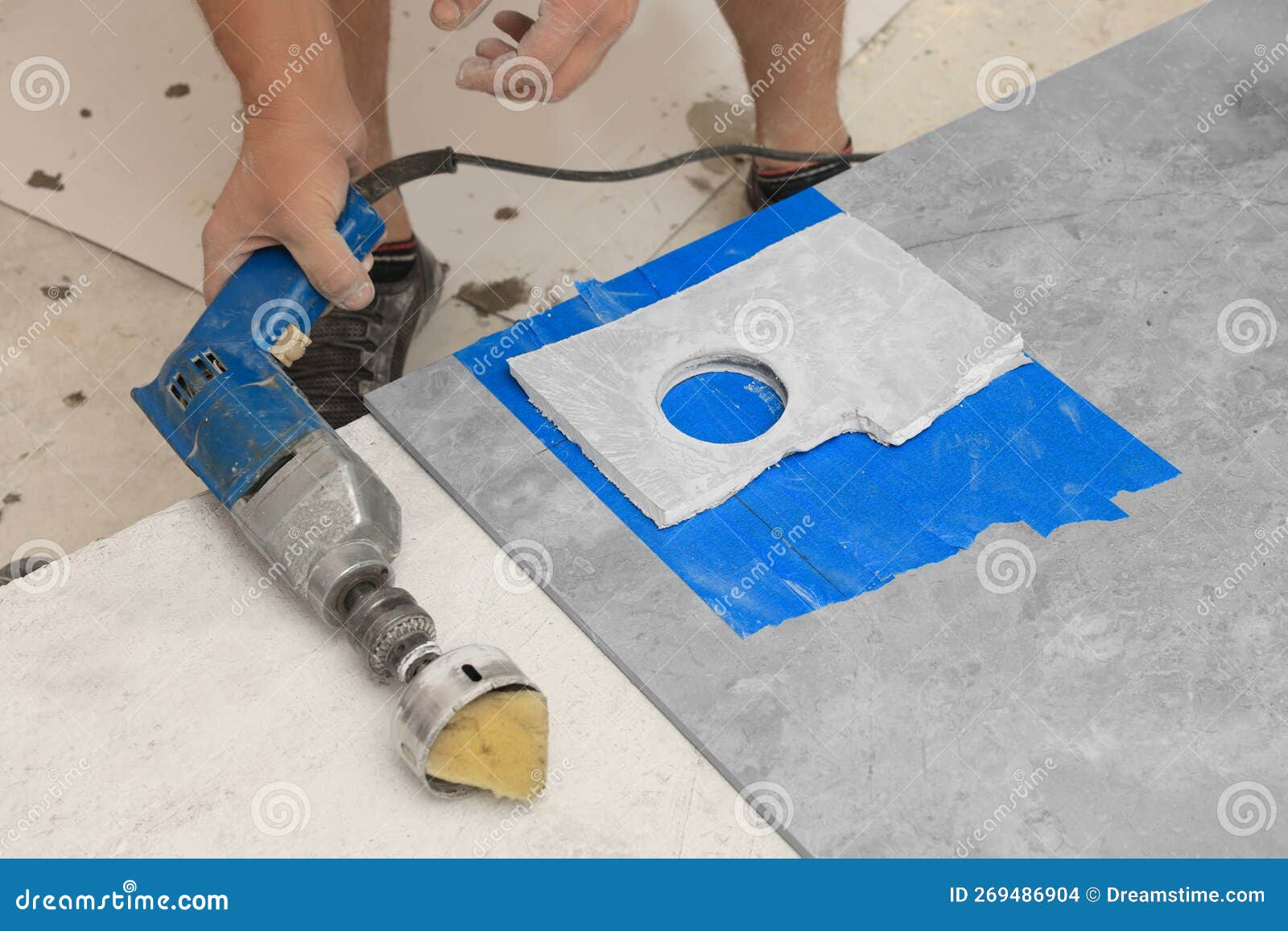 Worker Making Socket Hole in Tile Indoors, Closeup Stock Photo - Image ...