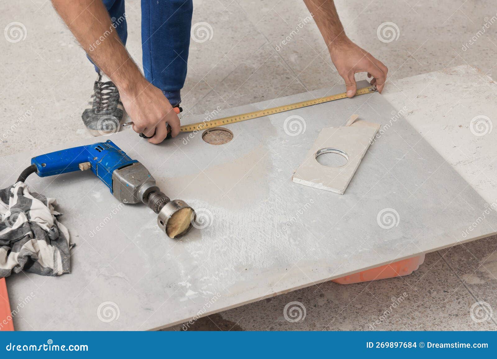 Worker Making Socket Hole in Tile Indoors, Closeup Stock Photo - Image ...