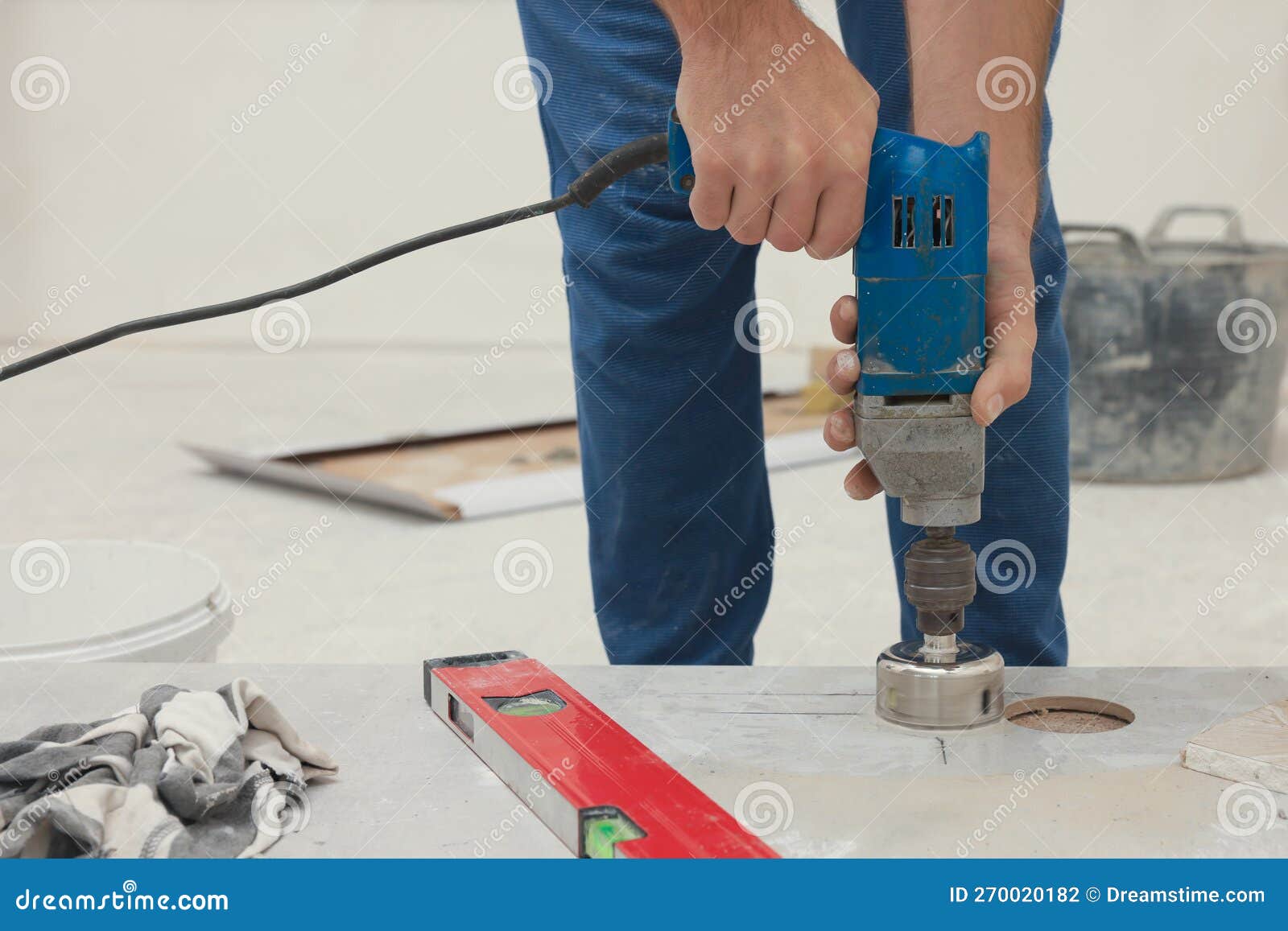 Worker Making Socket Hole in Tile Indoors, Closeup Stock Photo - Image ...