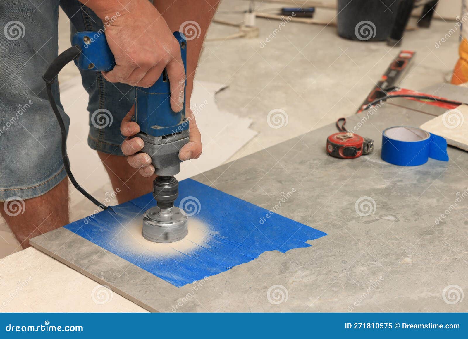 Worker Making Socket Hole in Tile Indoors, Closeup Stock Image - Image ...