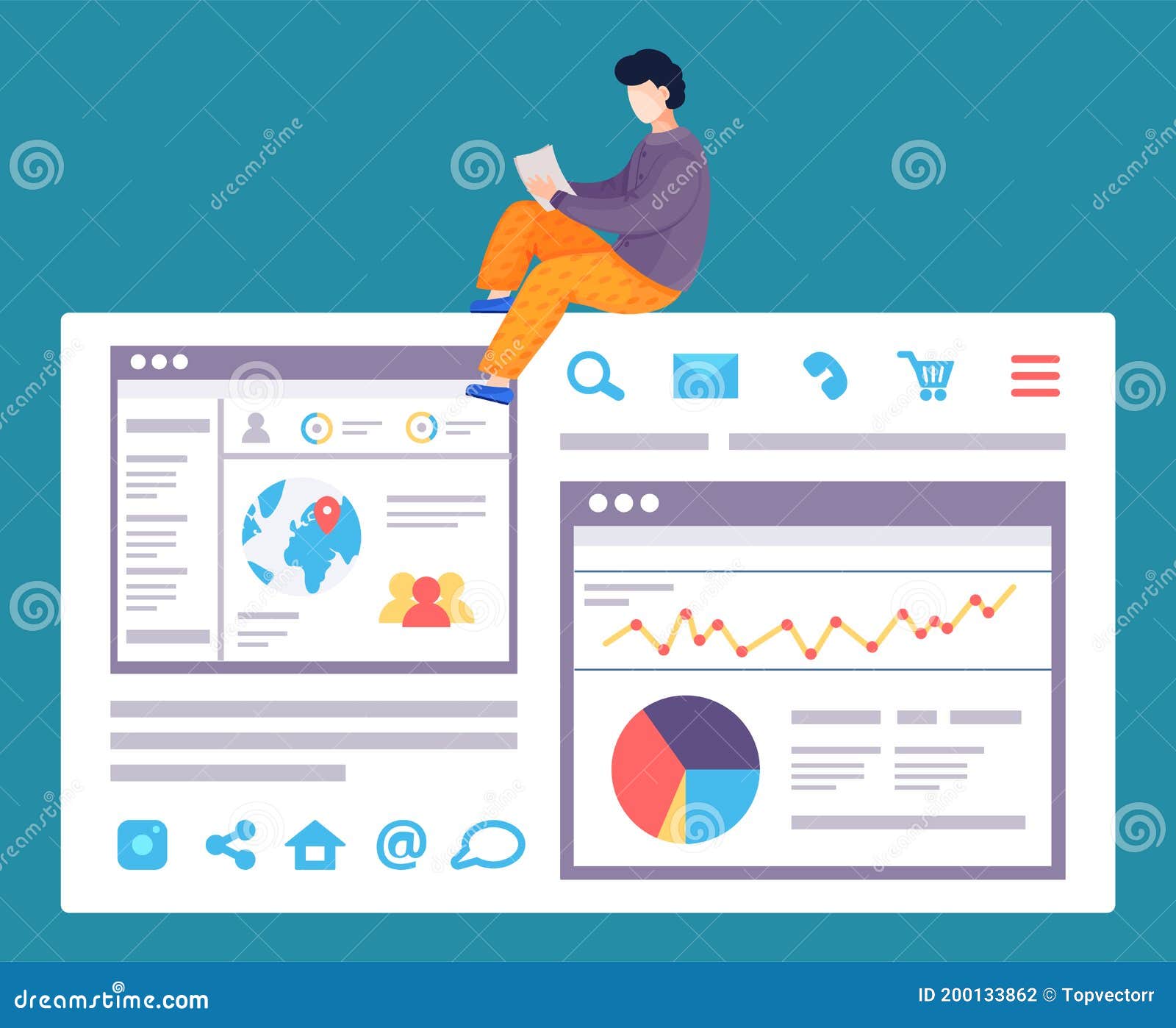 Worker Making Web Analytics, Using Chart, Diagram, Graph, Two Webpages ...
