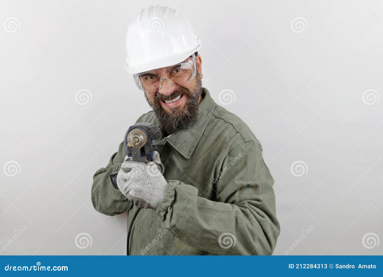 Worker Man Wearing Hardhat Screaming Shouting Anger Rage with Drill ...