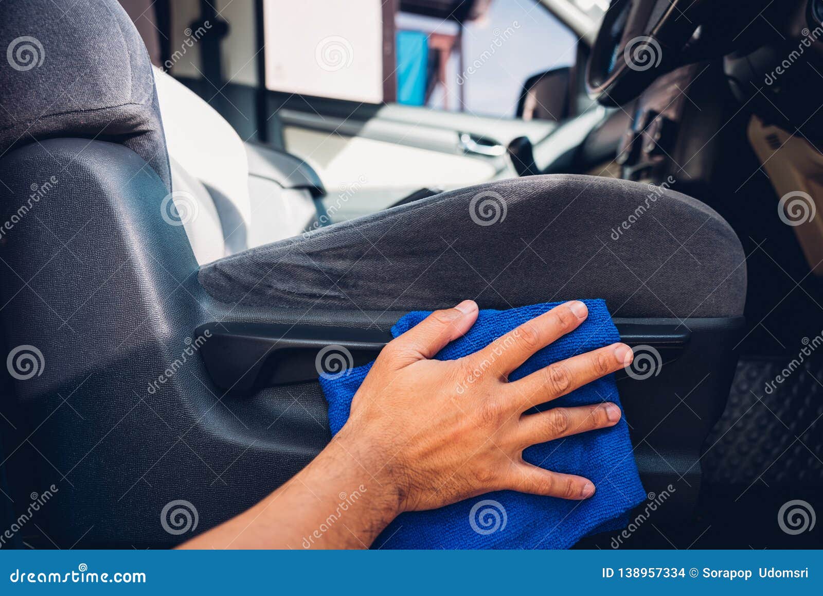 Worker Man Cleaning Dust Interior by Cloth Microfiber Inside Car Stock ...