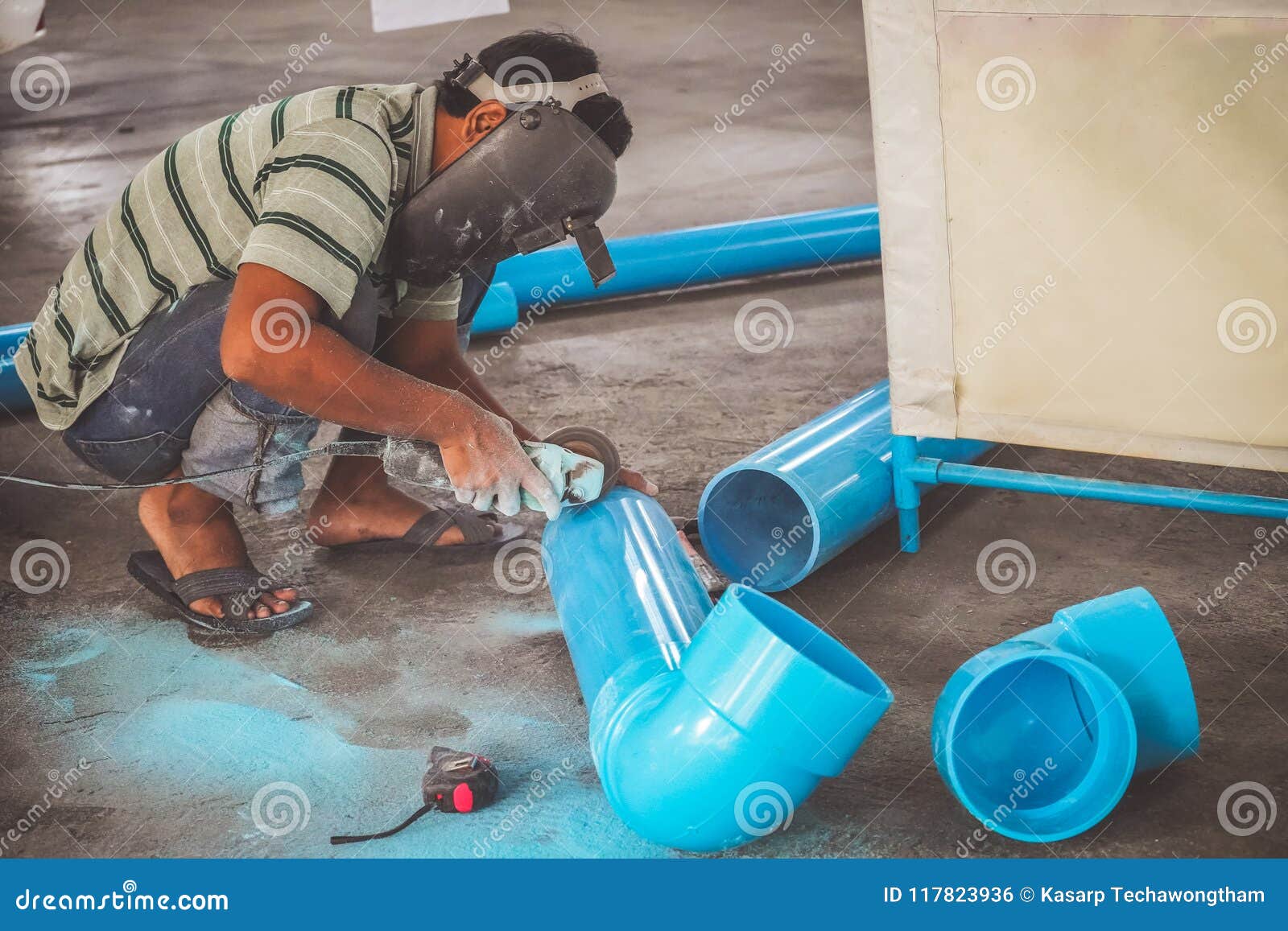 Worker Man Cutting PVC Pipe with Grinding Machine , Editorial Photo ...