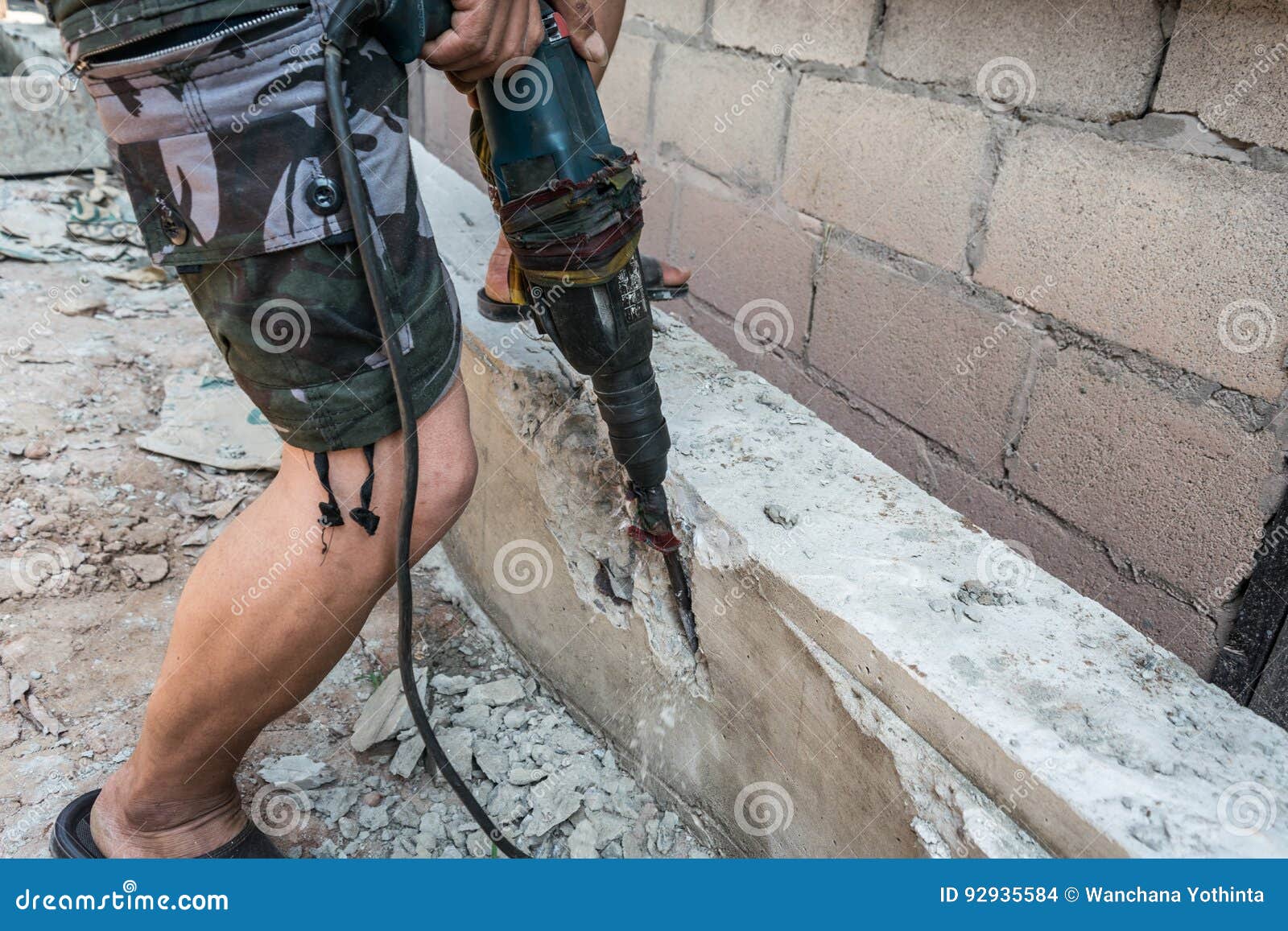 Worker Man Drilling Cement Concrete Floor with Machine Stock Photo ...