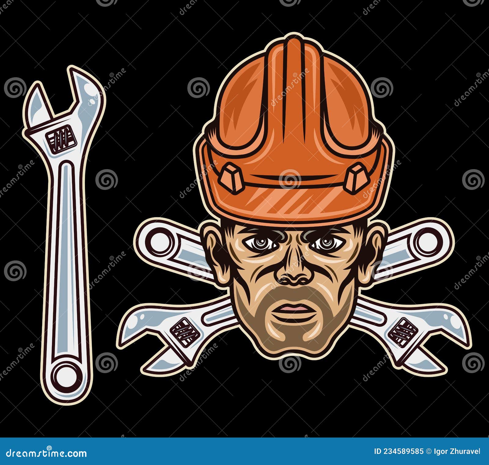 Worker Man Head in Hard Hat with Adjustable Wrench Vector Objects or ...