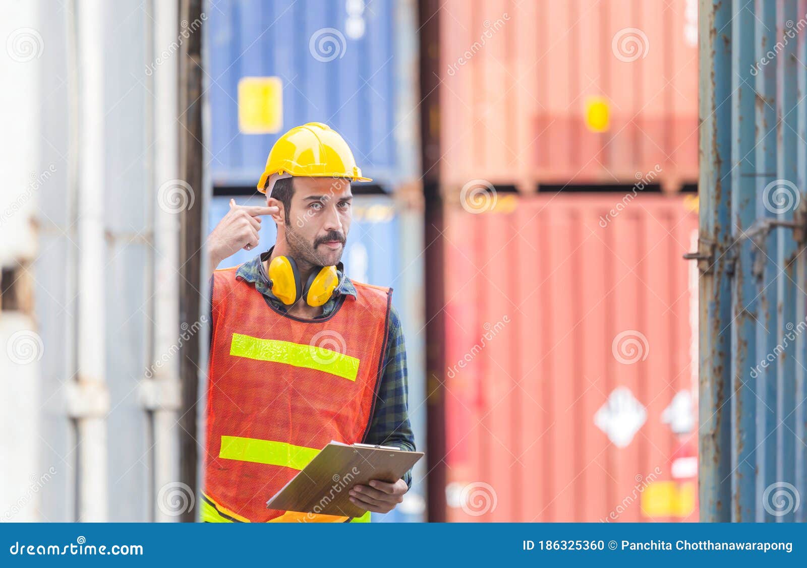 Worker Man Holding Clipboard Checklist and Checking Containers Box from ...