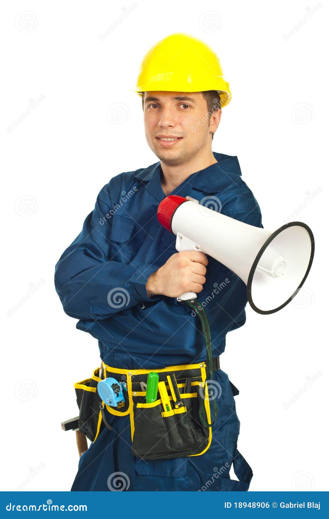 Worker Man Holding Loudspeaker Stock Photo - Image of constructor ...