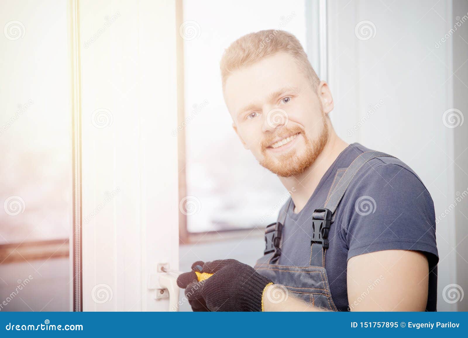 Worker Man Installs Plastic Windows and Doors with Double-glazed White ...
