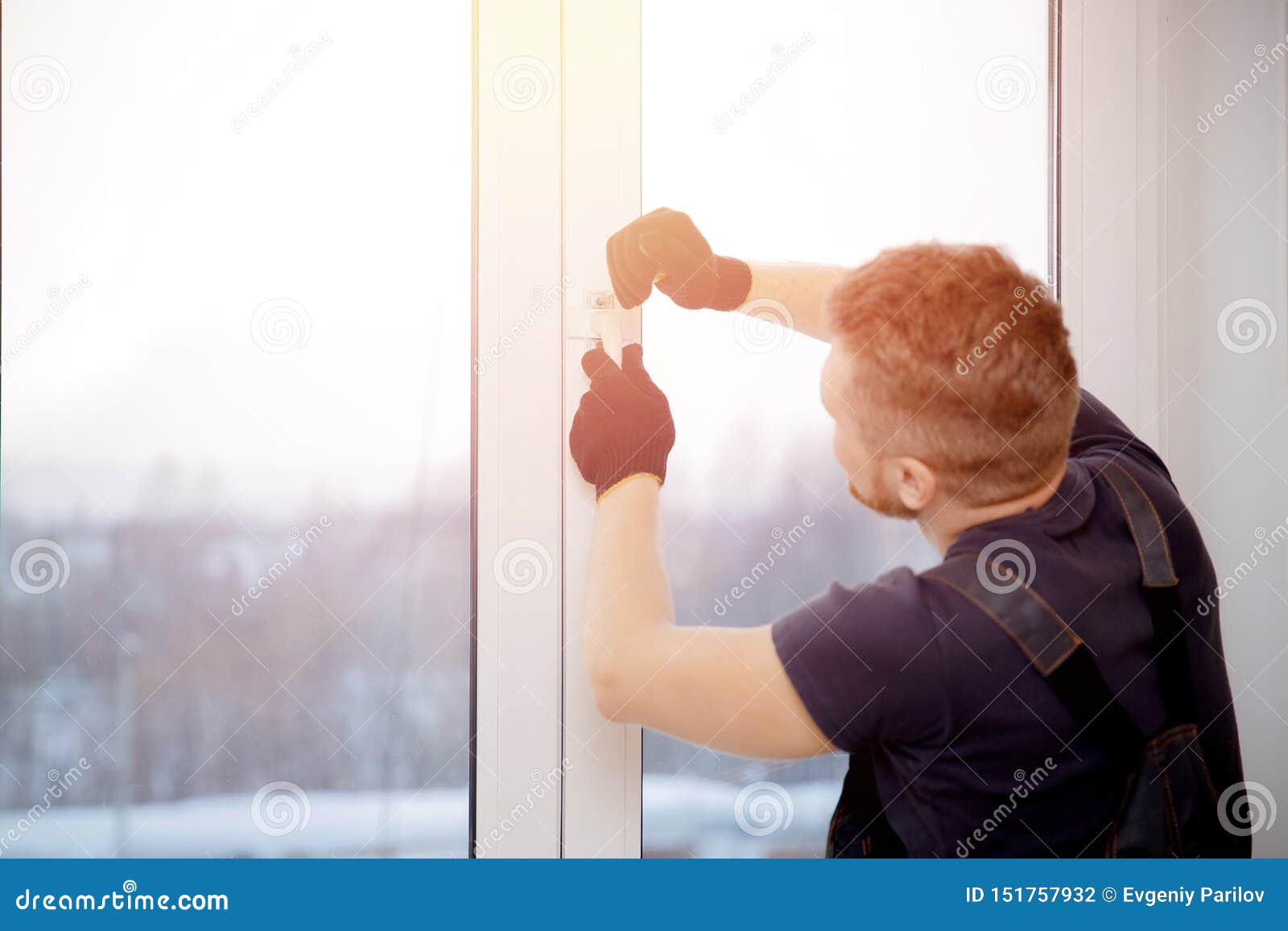 Worker Man Installs Plastic Windows and Doors with Double-glazed White ...