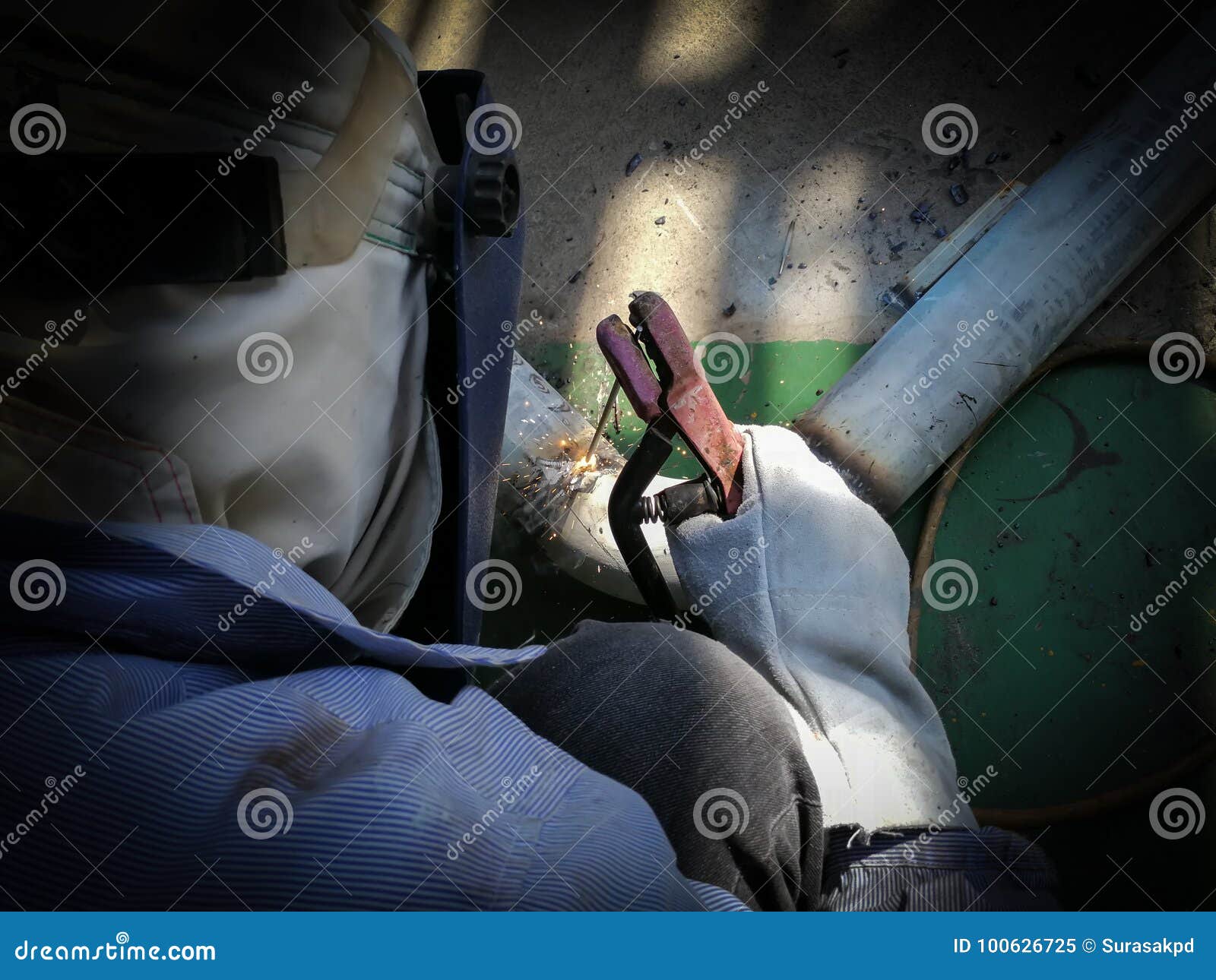 Worker Man in Personal Protective Equipment Welding Pipe. Stock Image ...