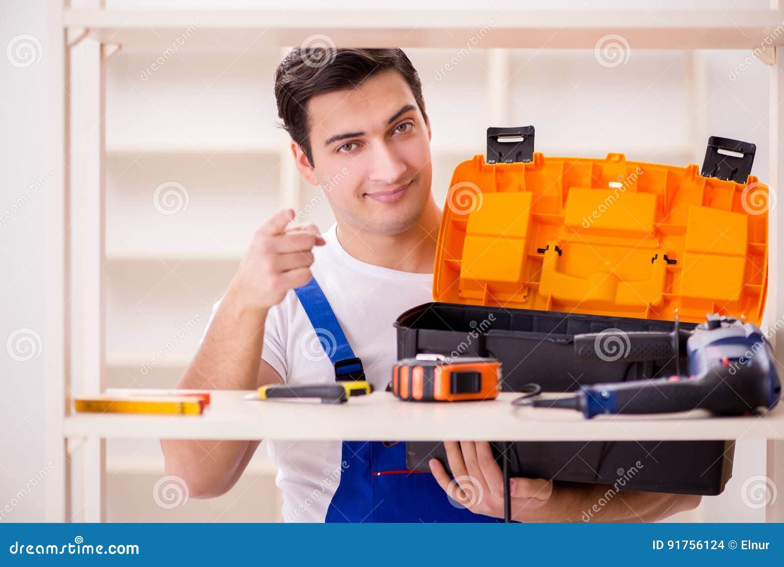 The Worker Man Repairing Assembling Bookshelf Stock Photo - Image of ...