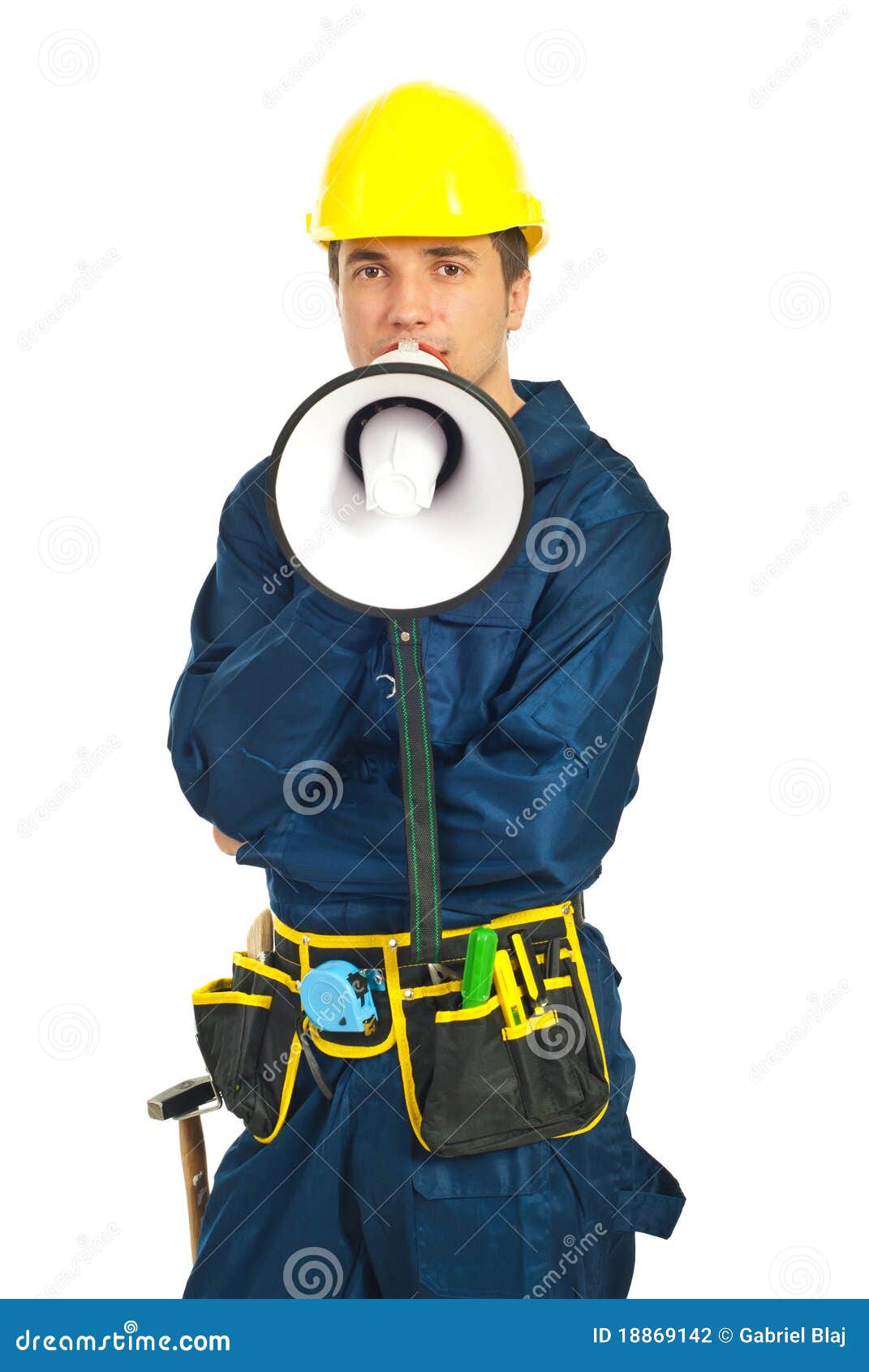 Man Shouting Into Loudspeaker And Modern Blue Icons And Symbols Royalty ...