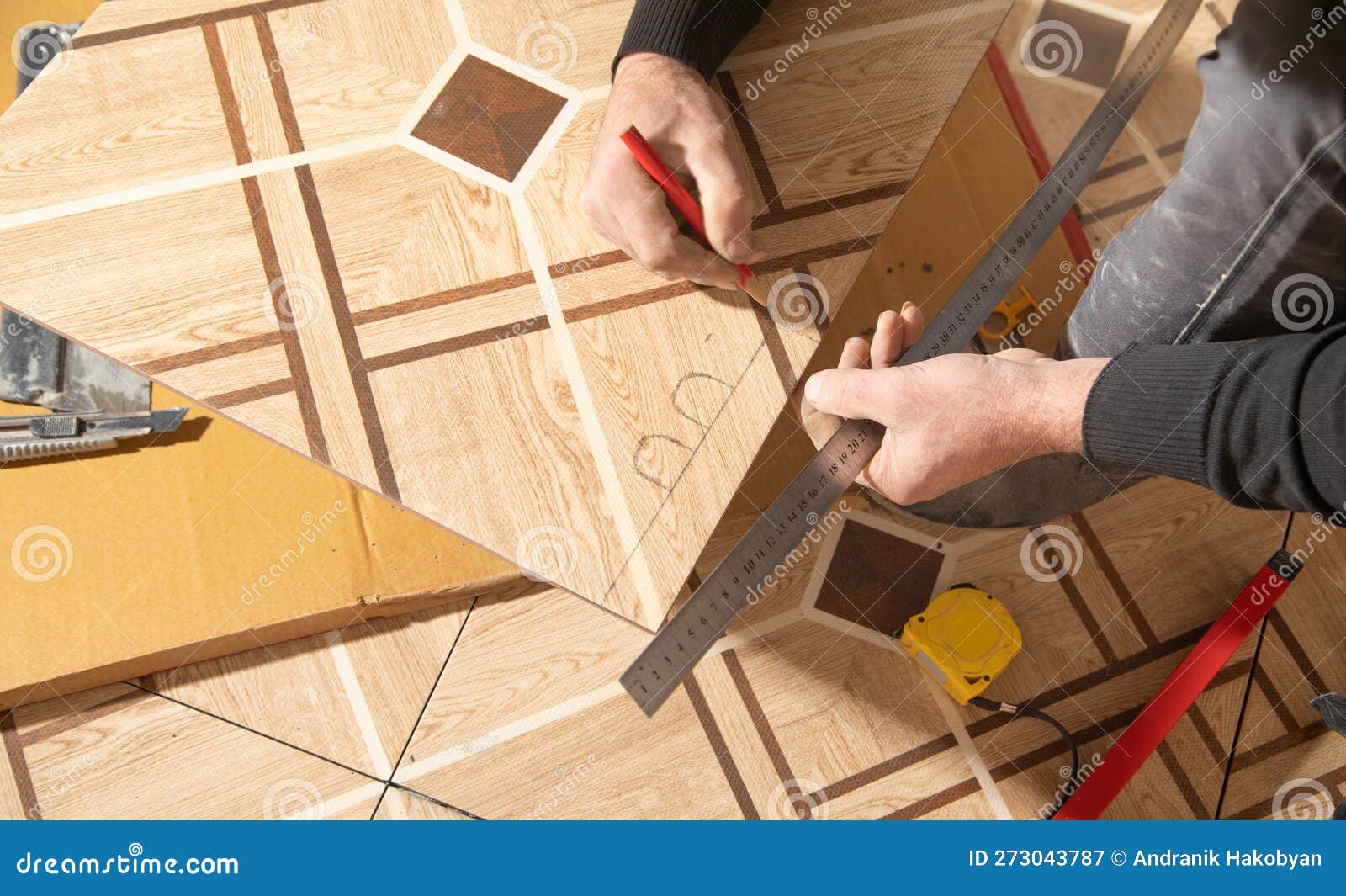 Worker Marking Ceramic Tile with Pencil Stock Image - Image of ...