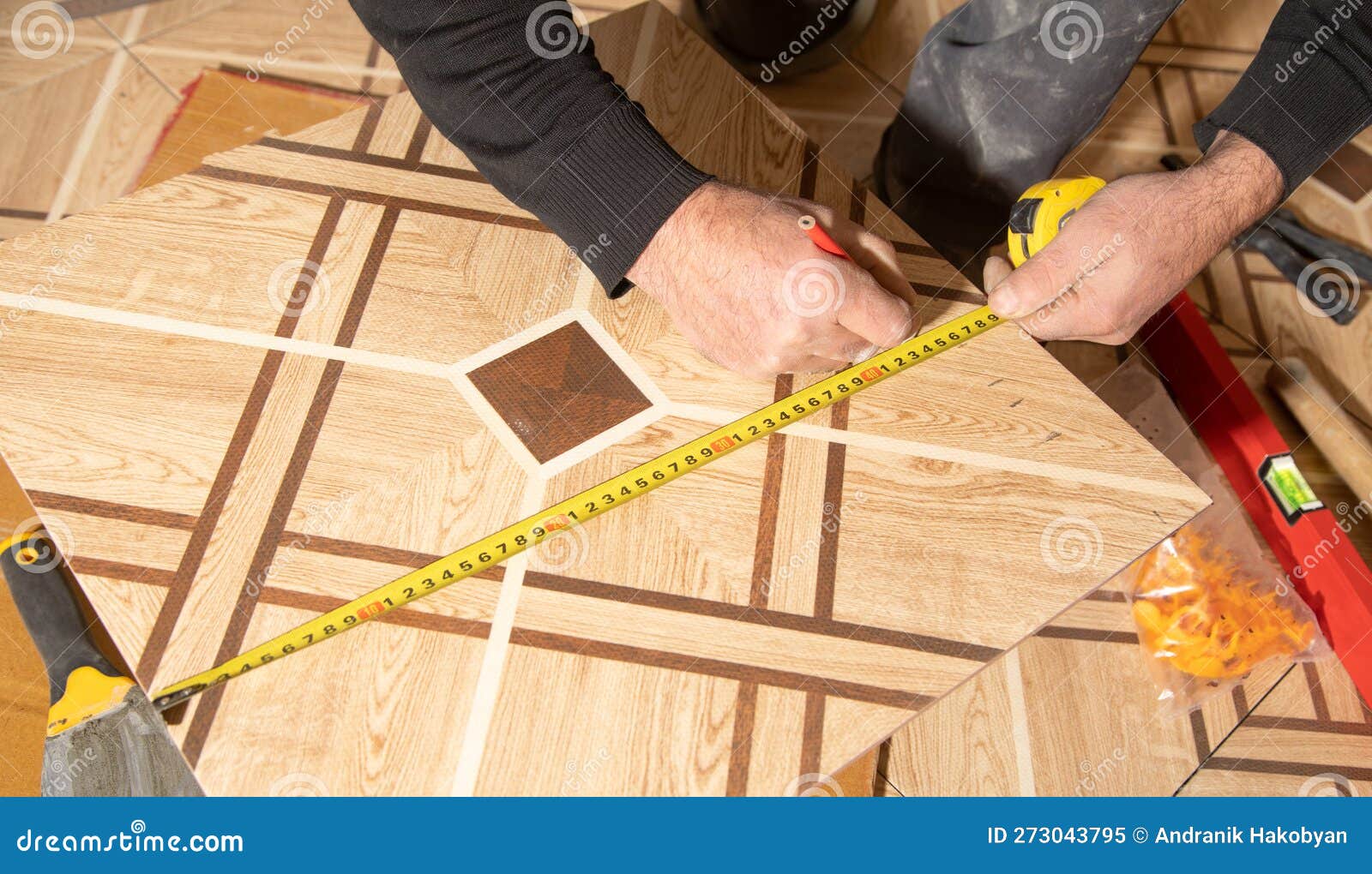 Worker Marking Ceramic Tile with Pencil Stock Image - Image of ...