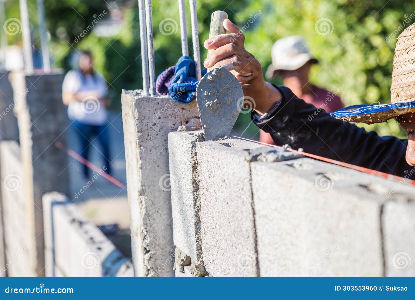 Worker Masonry are Building Walls with Cement Blocks and Mortar Stock ...