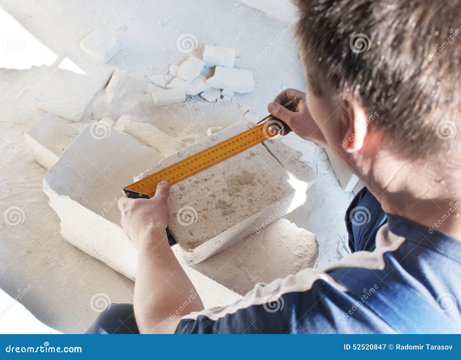 Worker Measures the Ruler Silicate Brick Stock Image - Image of flat ...