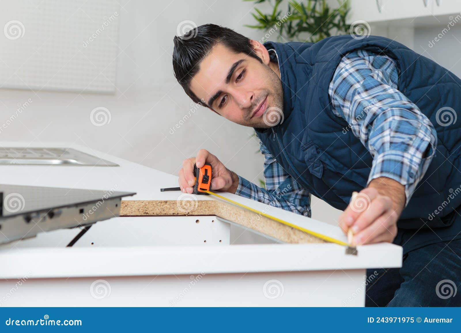 Worker Measuring Kitchen Workplace Stock Image - Image of measurement ...