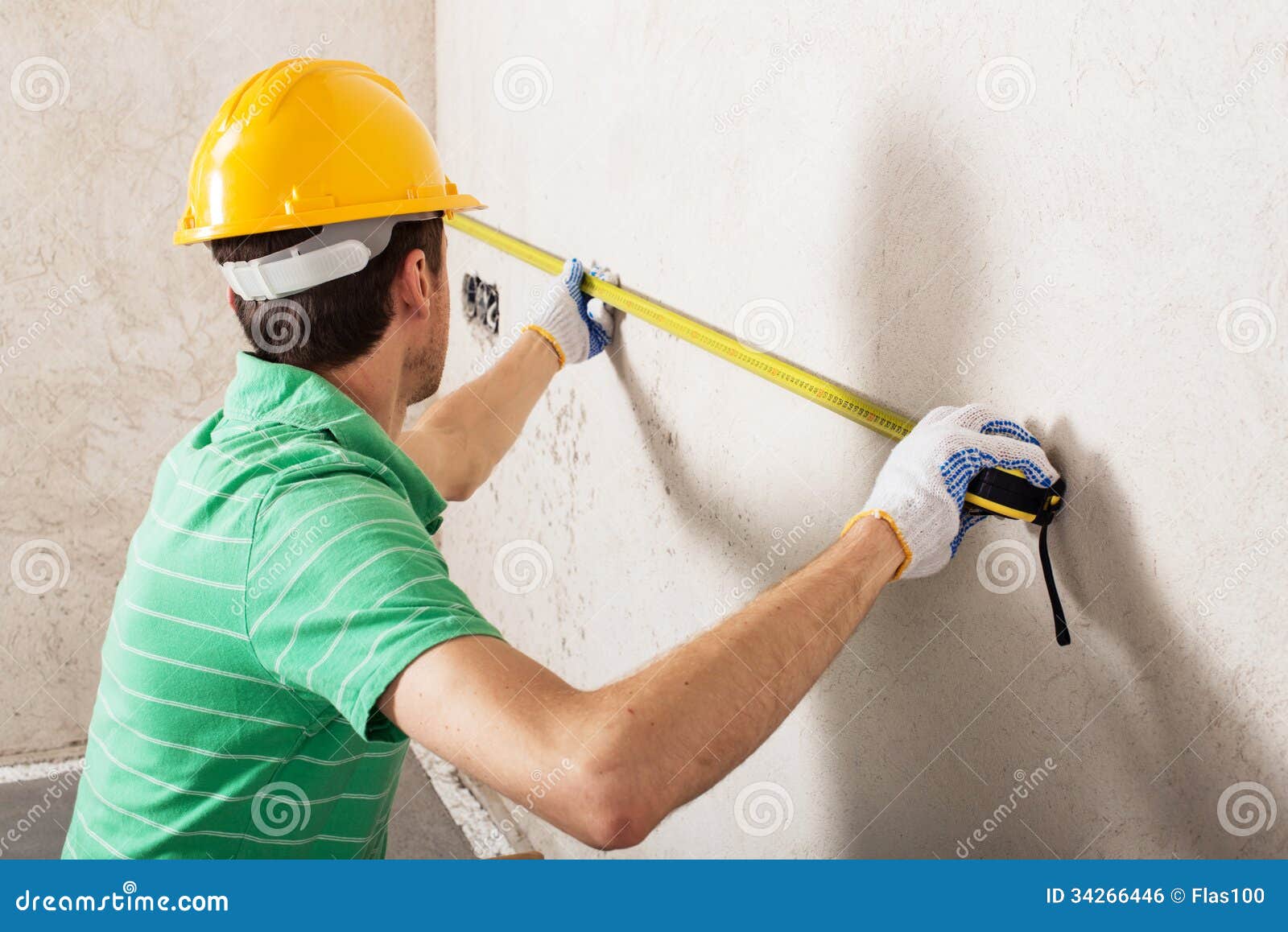 Worker Measuring Plaster Wall Stock Photo - Image of ruler, rough: 34266446