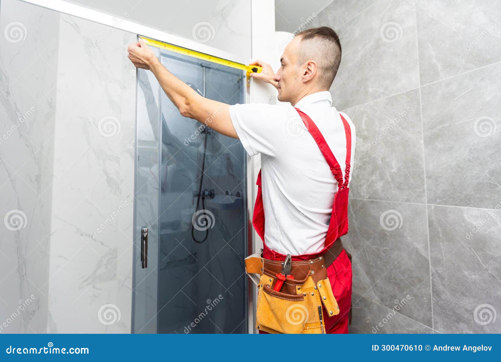 Worker Measuring Plastic Window Indoors. Installation Process Stock ...