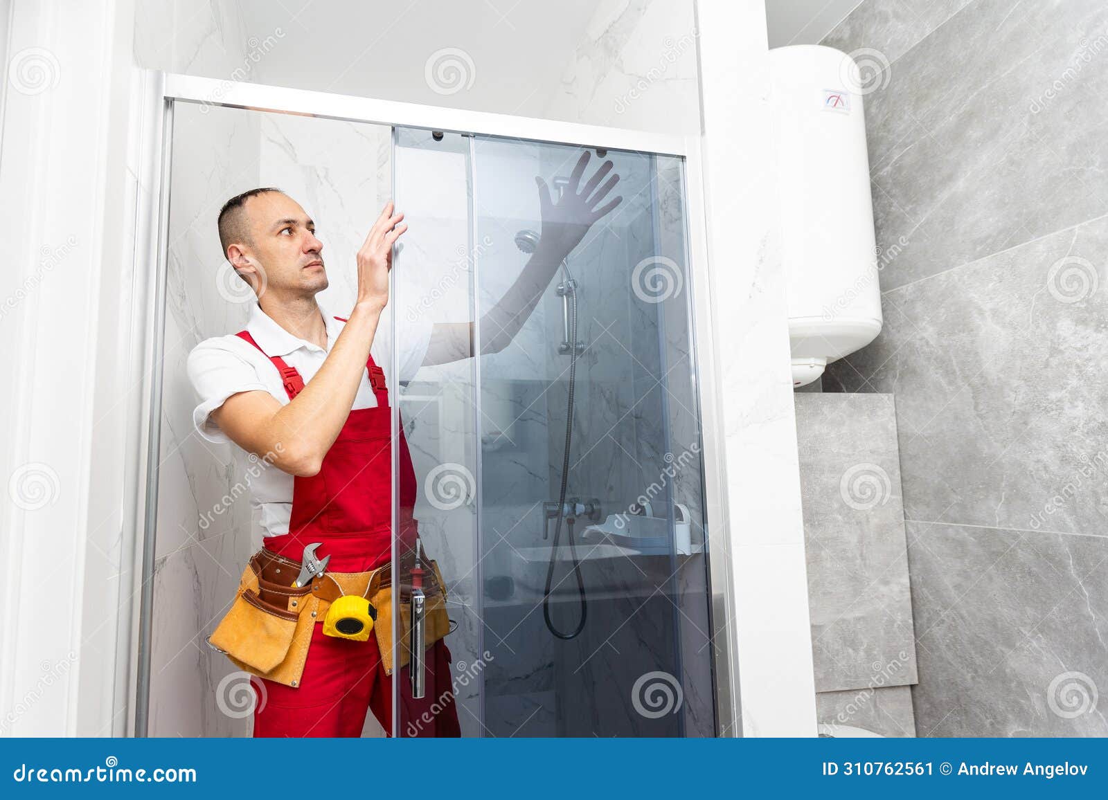 Worker Measuring Plastic Window Indoors. Installation Process Stock ...