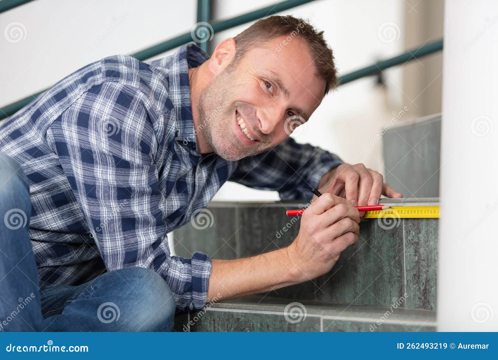 Worker Measuring Stairs and Smiling Stock Image - Image of craftsman ...