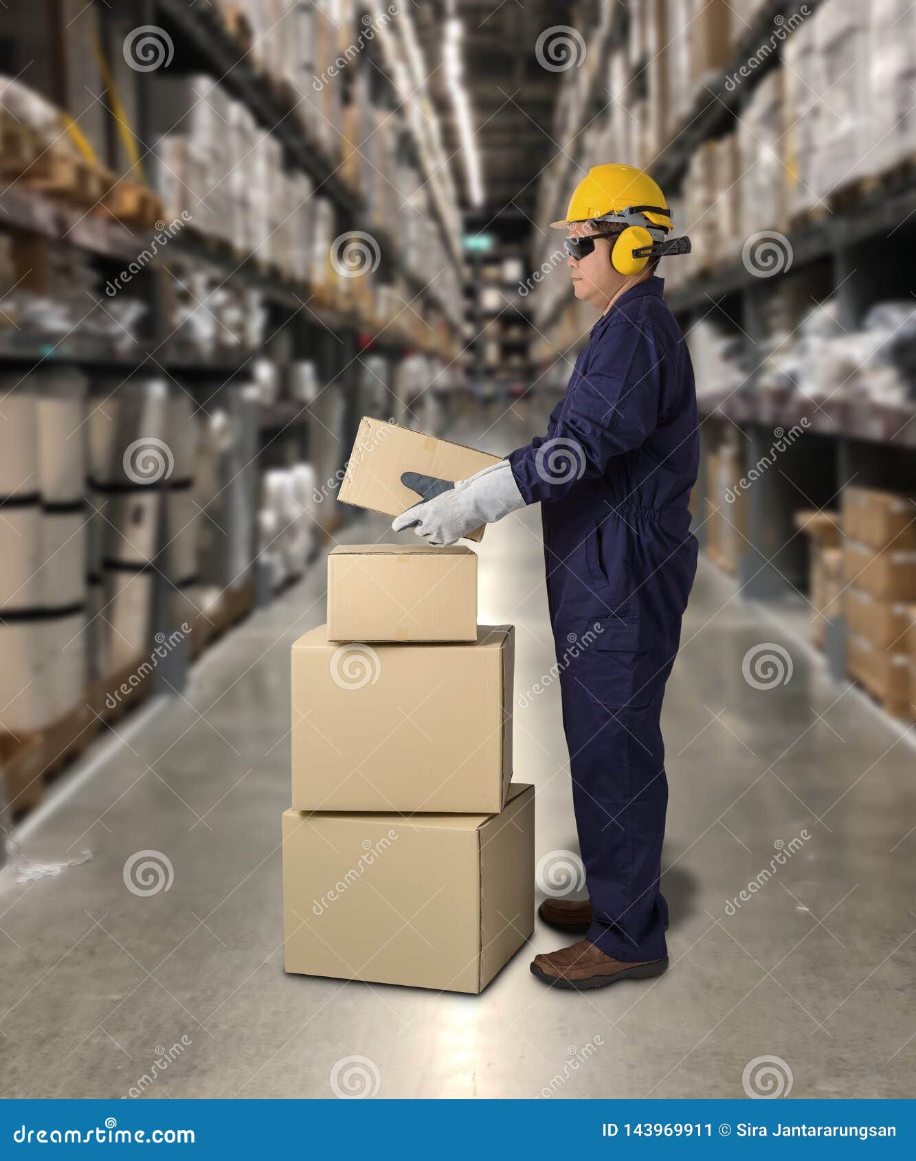 Worker in Mechanic Jumpsuit with Stack of Parcel Boxes Stock Image ...