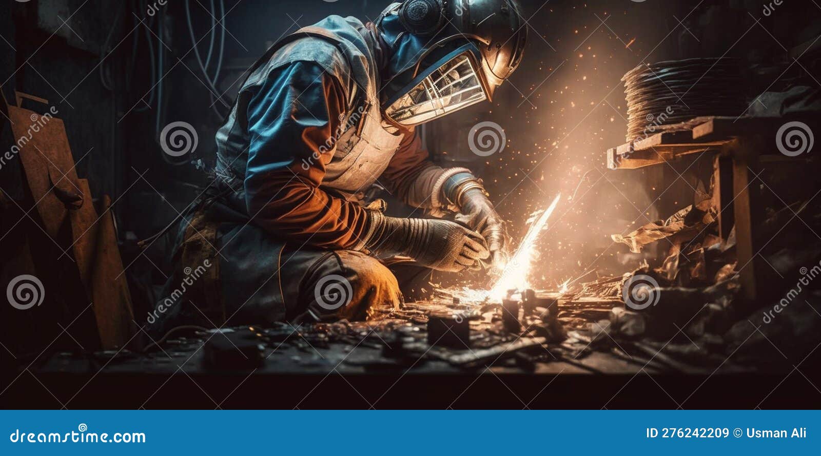 Welding Workshop With Skilled Workers Using Various Techniques, Such As ...