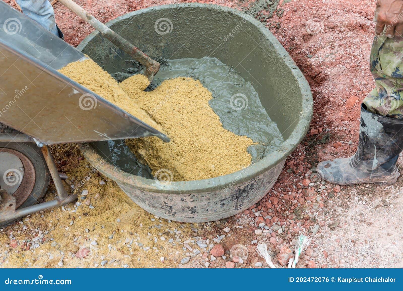 A Worker Mixes Cement with Sand Directly in a Pickup. Preparation of ...