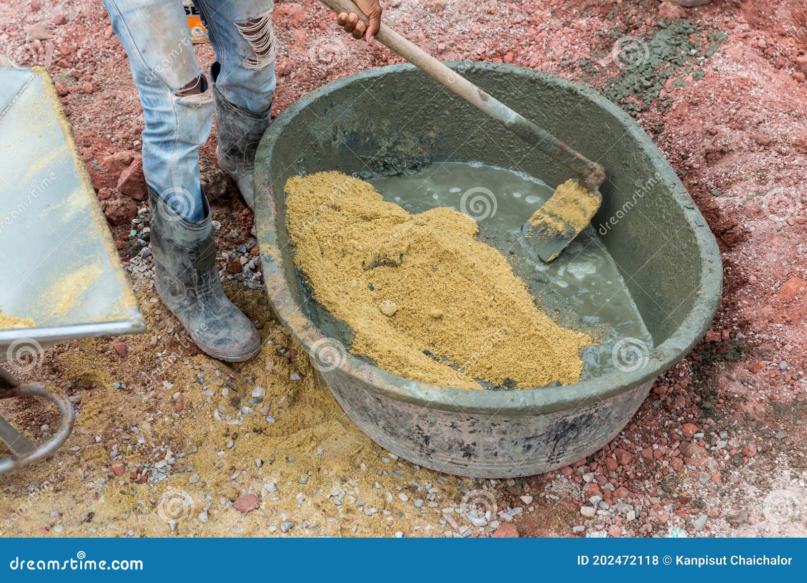 A Worker Mixes Cement with Sand Directly in a Pickup. Preparation of ...