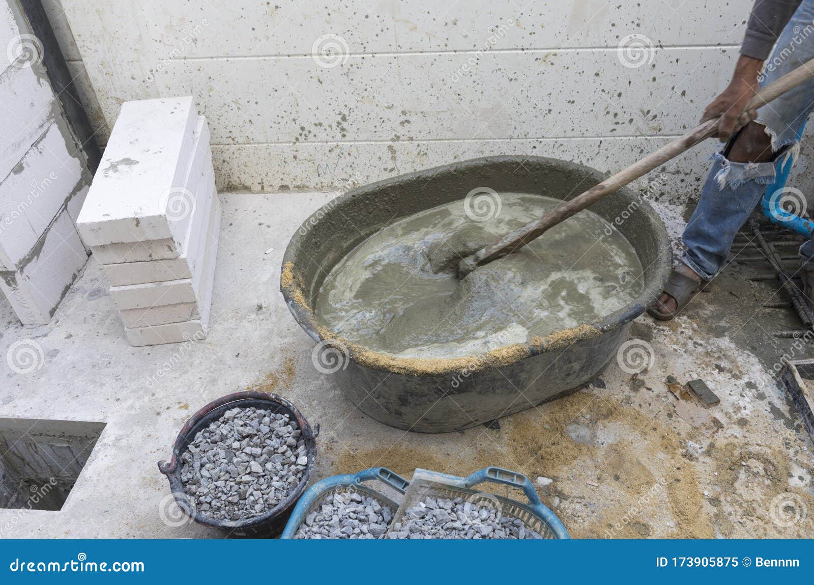 Worker Mixing Concrete Cement Mortar Stock Image - Image of hardhat ...