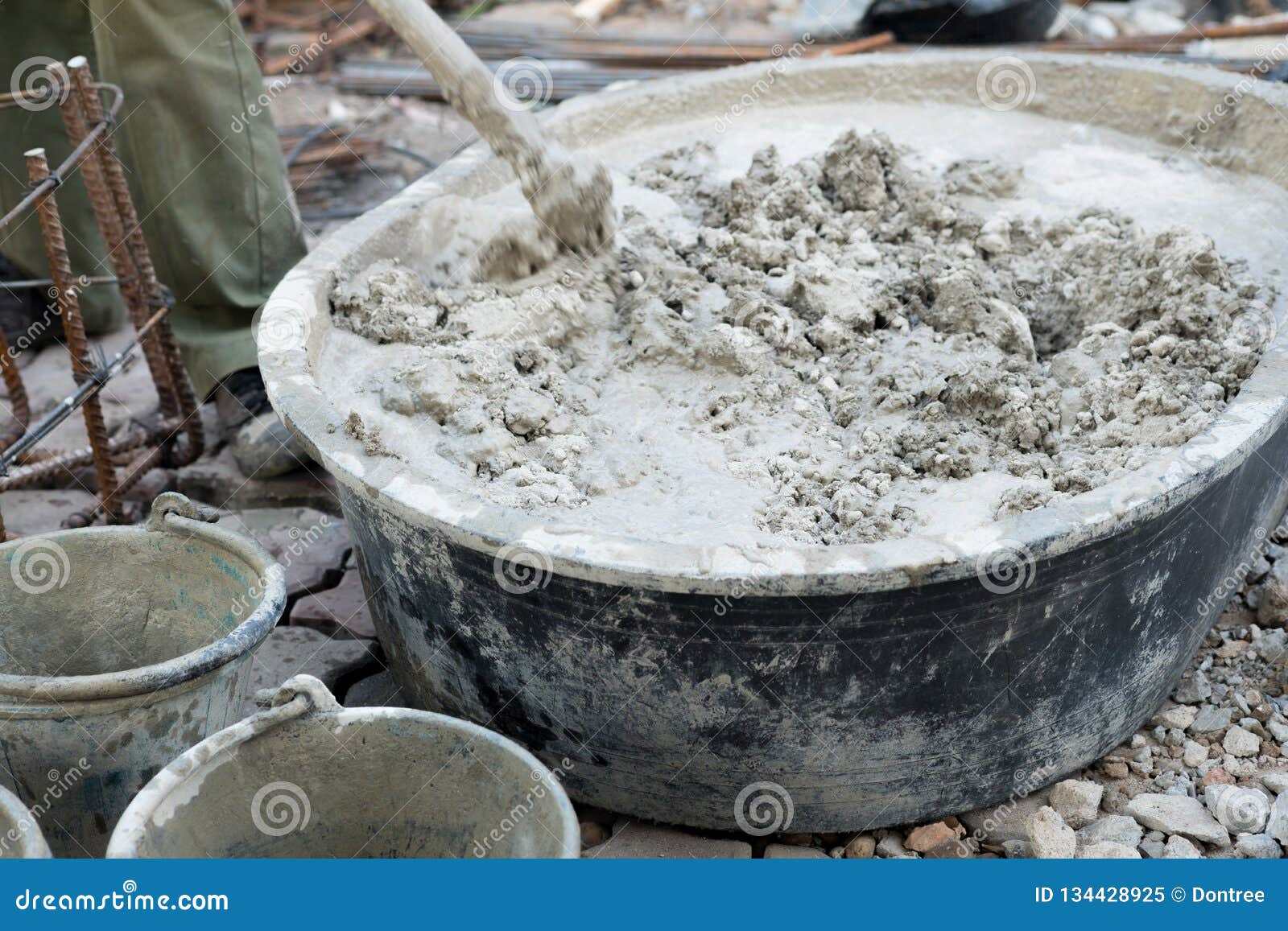 Mixing Concrete Mortar At A House Construction Site Stock Photo ...