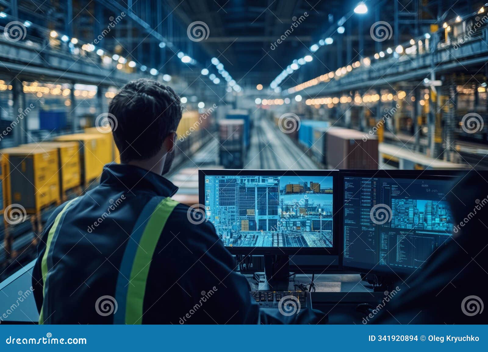 A Worker Monitors Operations in a Modern Warehouse. Advanced Systems ...