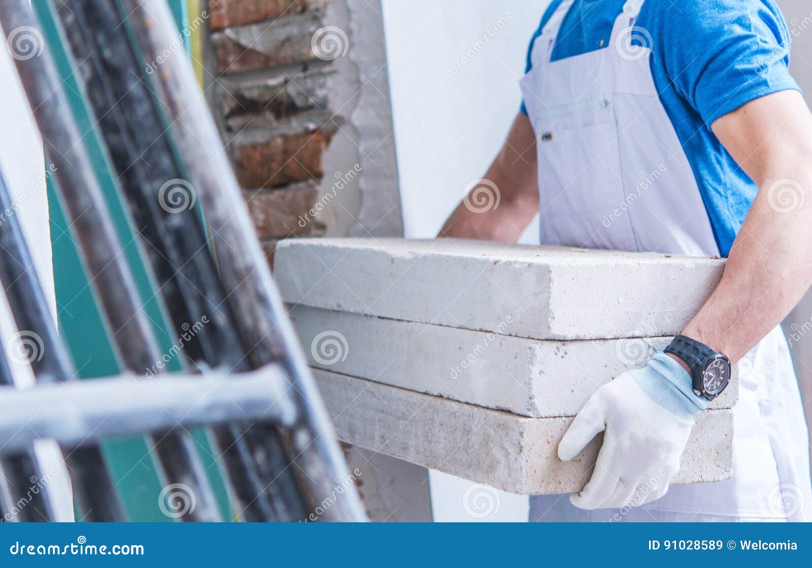 Man Worker Moving Lift Roof Tiles On Stair To Second Floor For Prepare ...