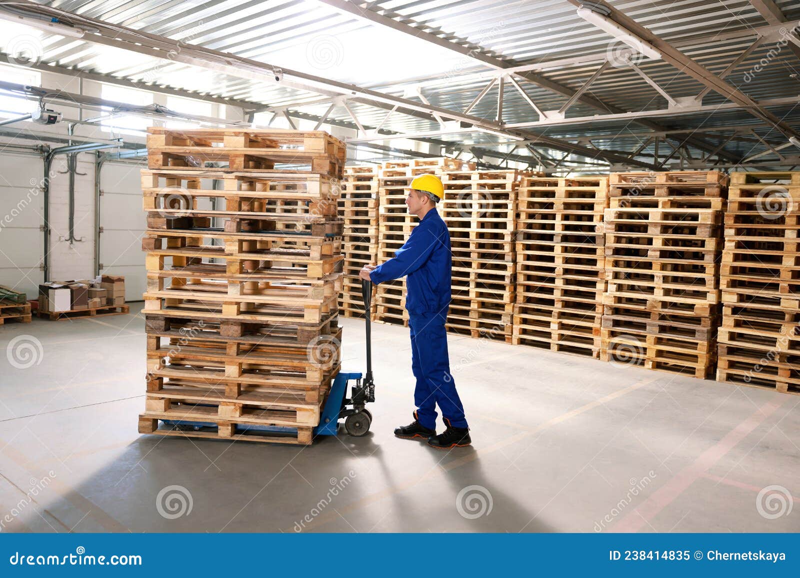 Worker Moving Wooden Pallets with Manual Forklift in Warehouse Stock ...