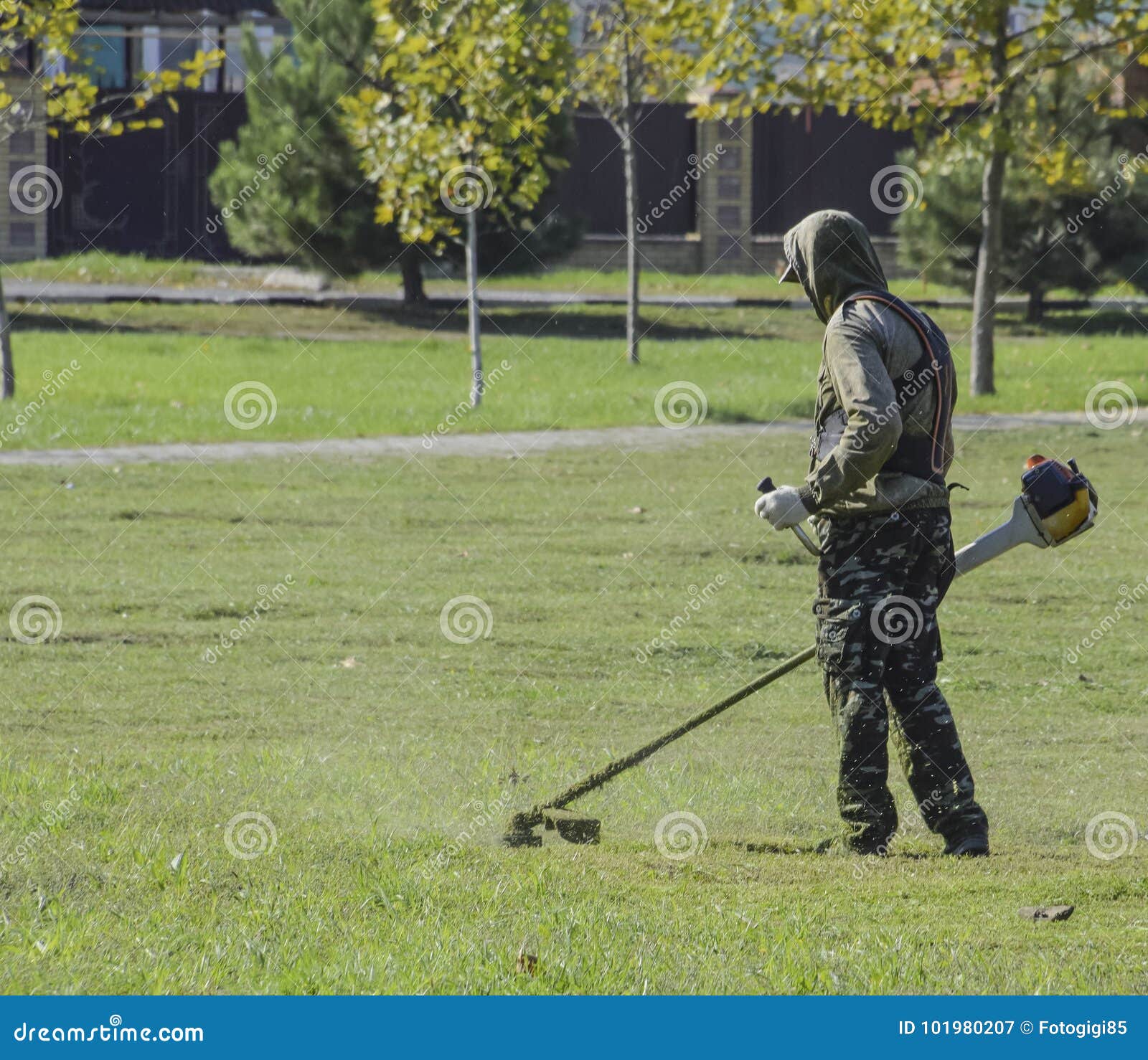 Worker Mowing Lawn With Grass Trimmer Outdoors In Hanoi City, Vietnam ...