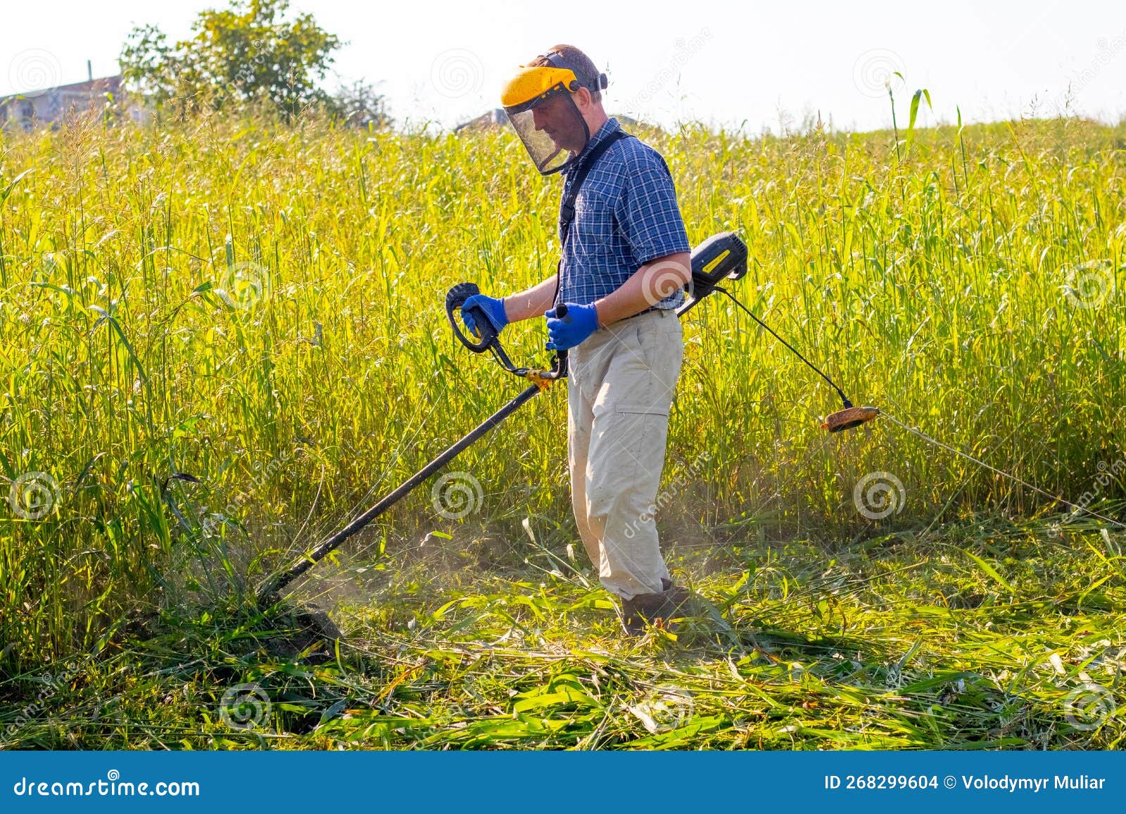 A Worker Mows Tall Grass with an Electric Trimmer Stock Photo - Image ...