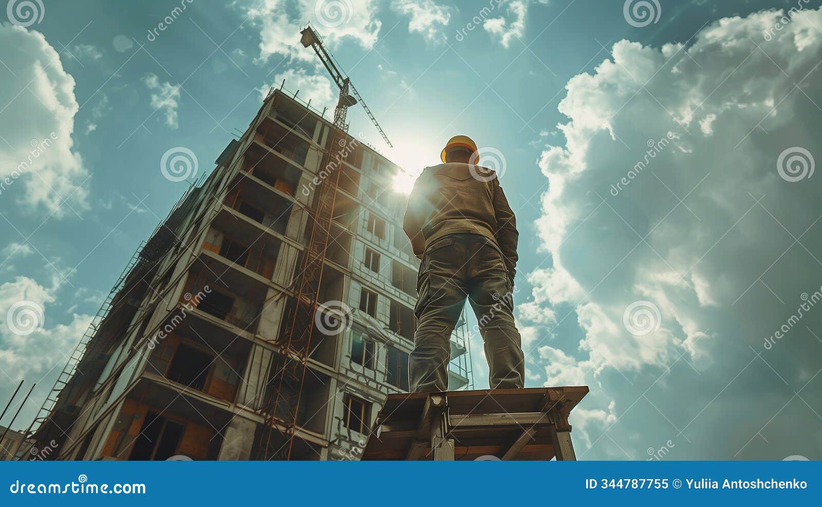 A Worker Observes Progress on a High Rise Building while Standing on a ...