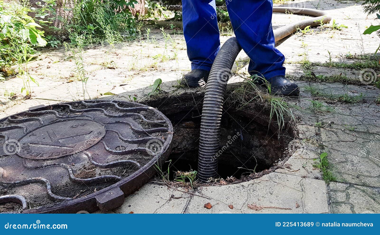 The Worker Opened the Sewer Hatch and Inserted a Hose for Cleaning the ...