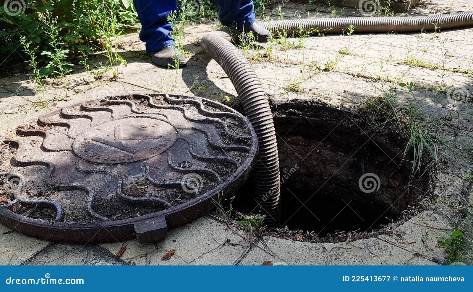 The Worker Opened the Sewer Hatch and Inserted a Hose for Cleaning the ...