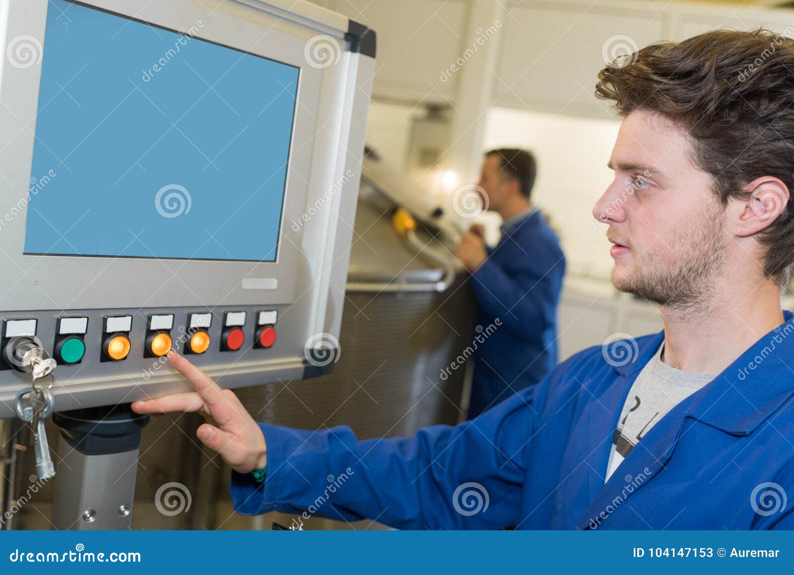 Worker Operating Machine in Factory Stock Image - Image of computer ...