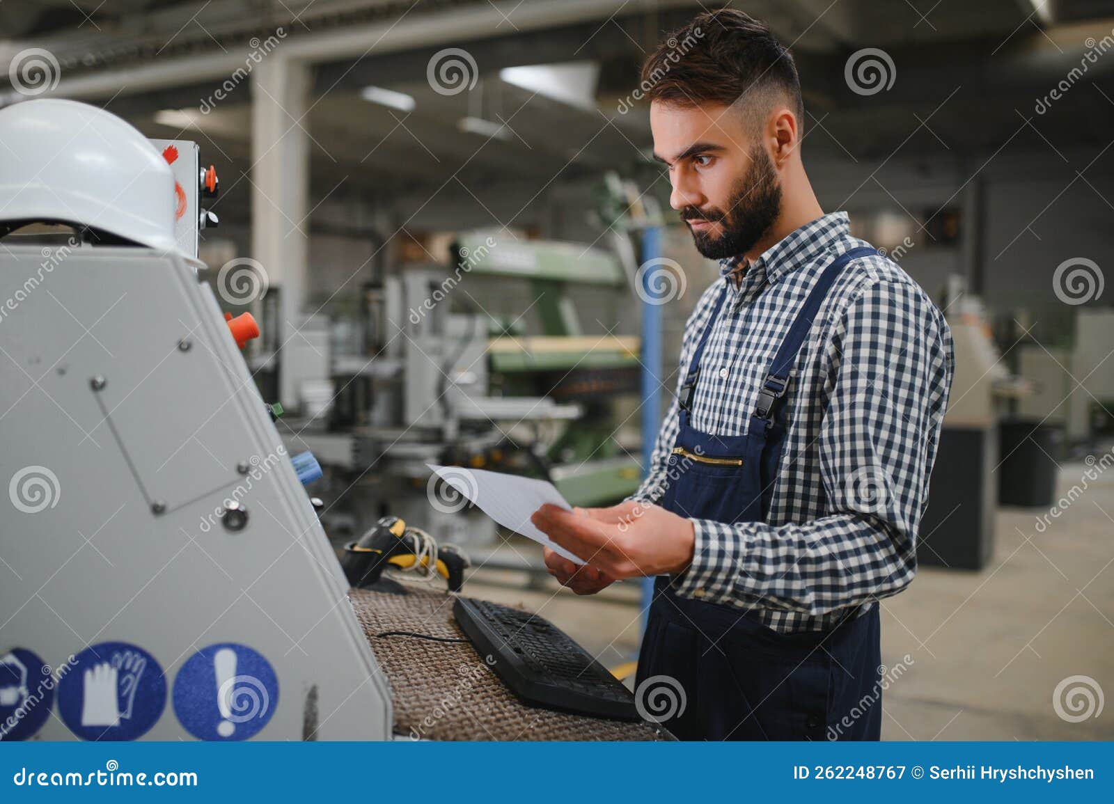 Worker Operating Machine in Factory Stock Image - Image of door ...
