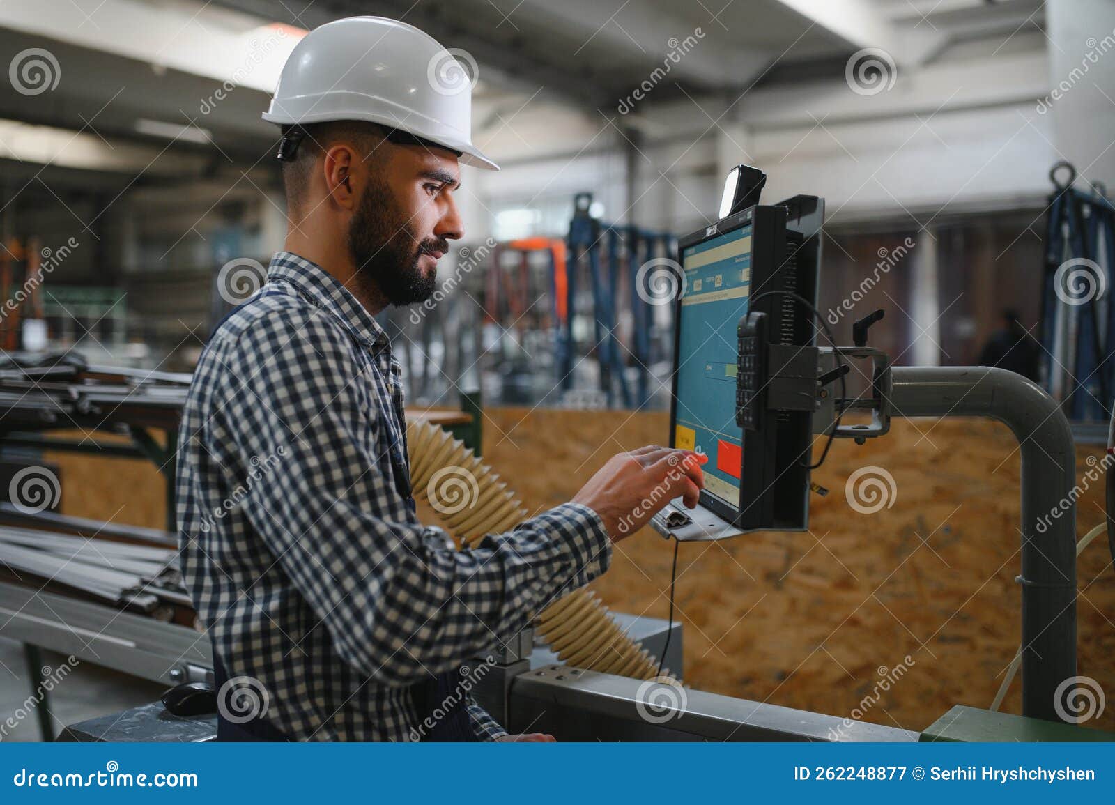 Worker Operating Machine in Factory Stock Image - Image of protection ...