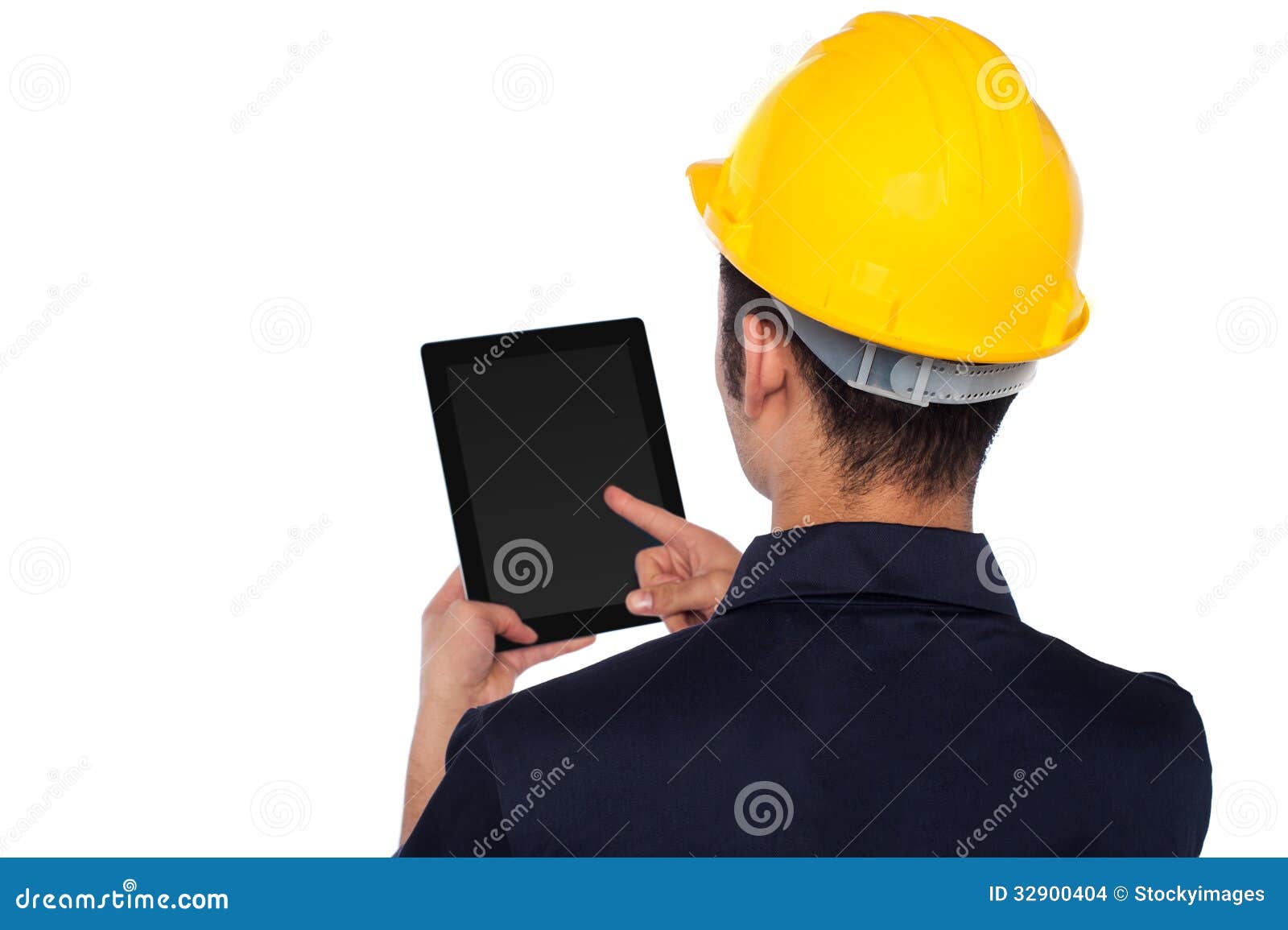 Worker Operating Tablet Device, Back Pose Stock Photo - Image of helmet ...